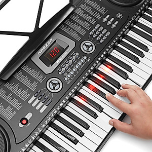 Hamzer 61-Key Electronic Keyboard Portable Digital Music Piano with Lighted Keys, Microphone & Sticker Set