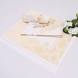 Islamic Elite Favors Personalized Muslim Lightweight Travel Prayer Rug Beads Set, Prayer Mat Tasbeeh Set, Ramadan Eid Hajj Umrah Wedding Birthday Graduation Mother's Day (Gold)