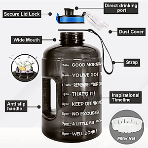 BuildLife Gallon Water Bottles with Times to Drink - Gallon Water Jug - 1 Gallon Water Bottle–128 oz Water Bottle,One Gallon Water Bottle with Time Marke for Gym(Black, 1 Gallon)