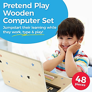 Wooden Computer Pretend Play Set - Pretend Laptop Toy for Kids, Toddlers - Montessori Learning Board for Kids (Ages 2-8) - 41 Magnetic Keys, Chalk Box, Portable Drawing & Writing Board | 11.5 x 8.5