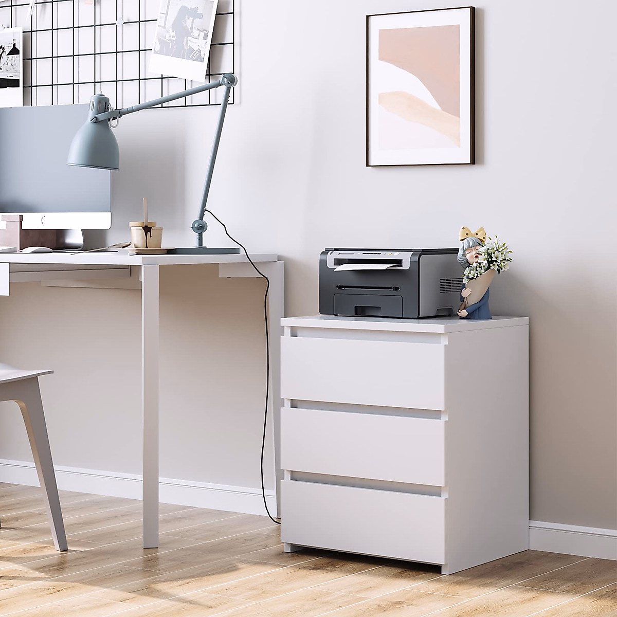 FOTOSOK White Nightstand with 3 Drawers, White Bedside Table Night Stand for Bedroom with Cut-Out Handle, Sofa Side Table 3 Drawer Nightstand for Bedroom, 17.7W*15D*21.7H