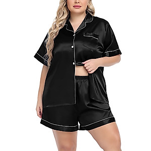 SWOMOG Women's Plus Size Pajama Set Silk Satin Pajamas Button Down Loungewear Short Sleeve Pjs 2 piece Sleepwear 16-28W Black