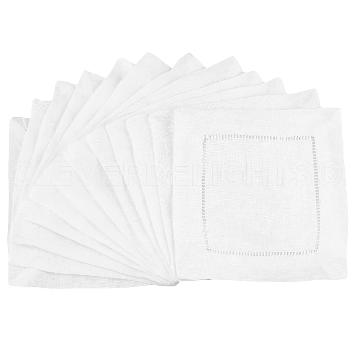 CleverDelights 6" White Linen Hemstitch Cocktail Napkins - 12 Pack - 100% Linen