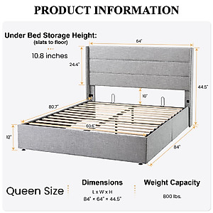 SHA CERLIN Queen Size Lift Up Storage Bed/Modern Wingback Headboard/Upholstered Platform Bed Frame/Hydraulic Storage/No Box Spring Needed/Wood Slats Support/Light Grey