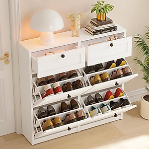 VOWNER Shoe Cabinet with 4 Flip Drawers & 2 Drawers, Freestanding Shoe Storage Cabinet with Adjustable Shelves, Shoe Organizer for Entryway, Hallway, Living Room, White