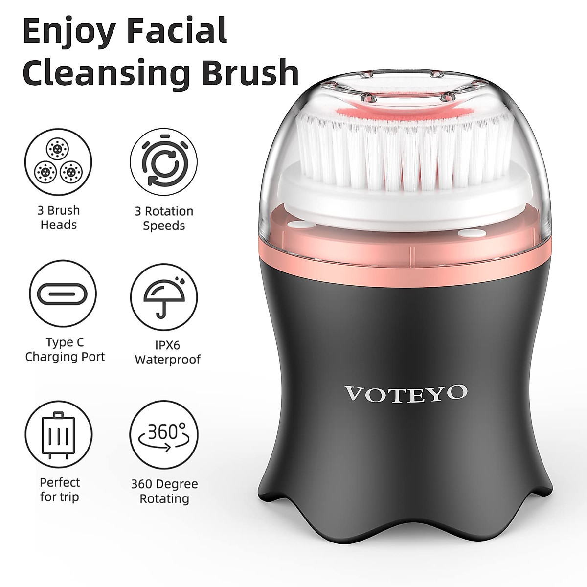 Facial Cleansing Brush - Face Cleansing Brush with 3 Replacement Brush Heads & 3 Modes, Waterproof, Type C Charging, Rotating Face Brush for Deep Cleansing, Black
