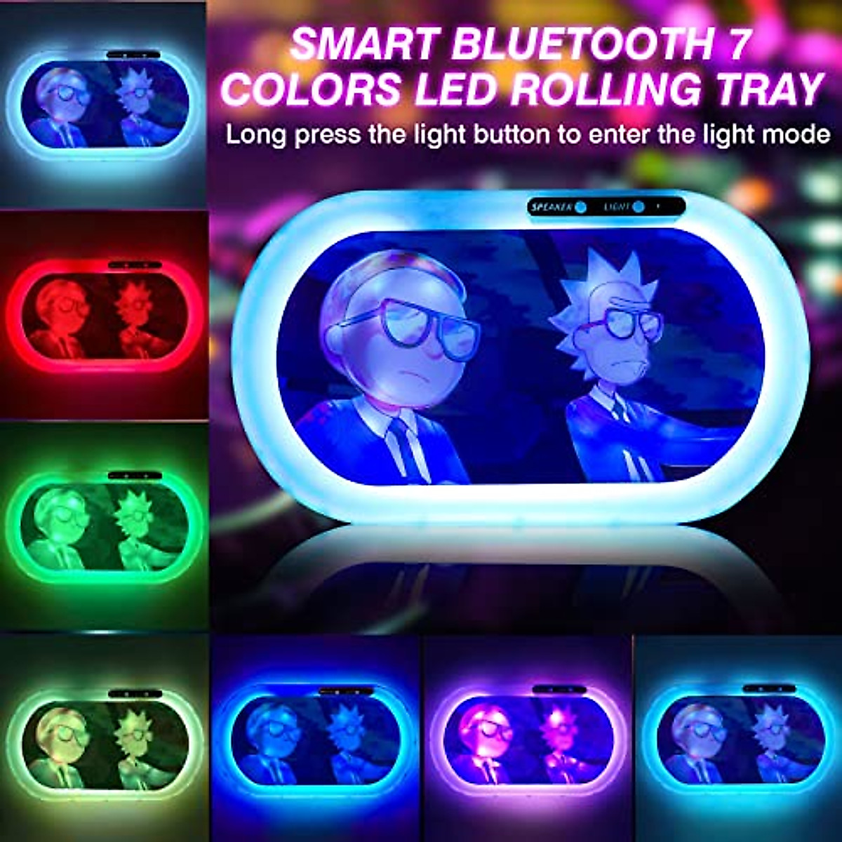 Bluetooth Speaker LED Rolling Tray - Light Up Glow Tray with 7 Colors Party Mode Rechargeable, Smooth Rounded Edges, USB Fast Charging, Unique Art Style Patterns Design, Fun Guys, 13.8”x7.9”.