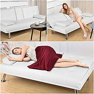 Topeakmart Adjustable Faux Leather Sofa Futon Modern Sofa Bed Convertible Sofa Couch Sleeper with Armrest Recliner Couch Home Furniture White