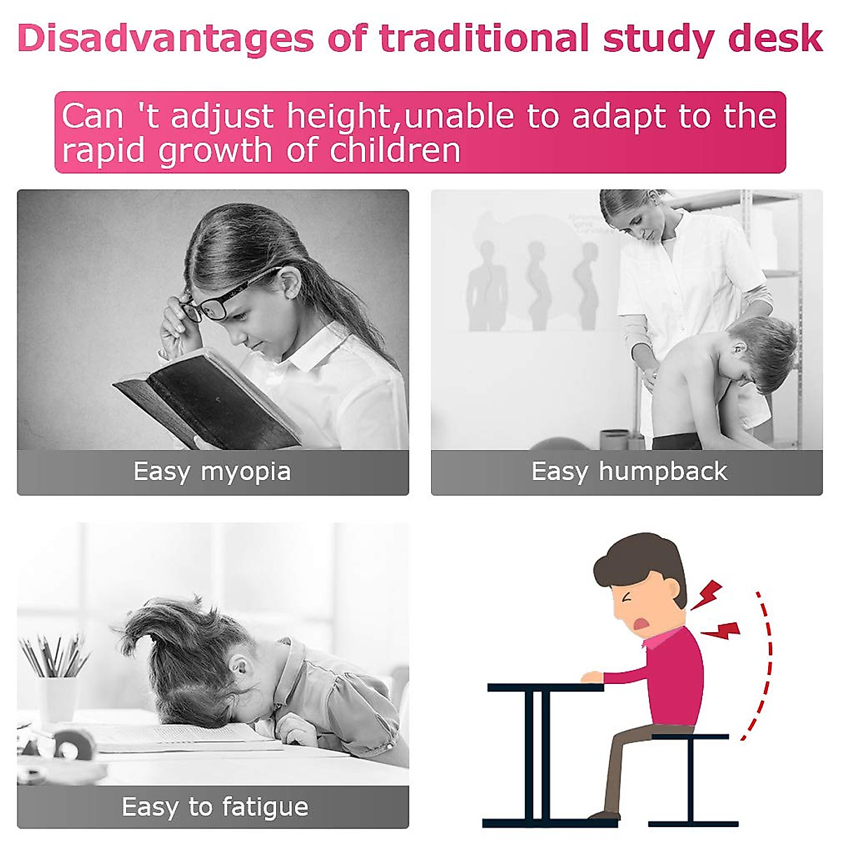 FDW Kids Desk Children Writing Student Desk Drafting Table Height Adjustable Study Table and Chair with Drawers Storage，Pink