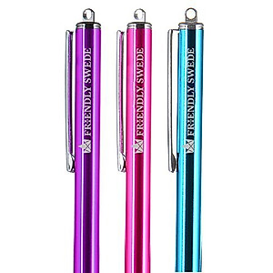 The Friendly Swede Extra Long Stylus Pen for Touchscreen — Set of 3 Thin-Tip High Precision Capacitive 7.3" Stylus Pens; Incl. Elastic Lanyards, 3 Replaceable Tips & Cleaning Cloth - Pink/Purple/Blue