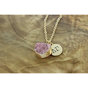 Sorority Shop DG Necklace - Delta Gamma Pink Druzy Gemstone Necklace With Engraved Pendant – 14K Gold Dipped Jewelry with Pink Gemstone – Sorority Gift, Charm Paraphernalia
