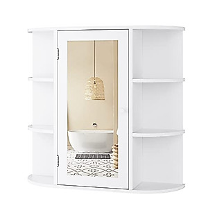 FOTOSOK Bathroom Medicine Cabinet with Single Mirror Door, Wall Mounted Medicine Cabinet with 2 Inner Adjustable Shelves and 6 Open Fixed Shelves, Storage Medicine Cabinet for Bathroom, White
