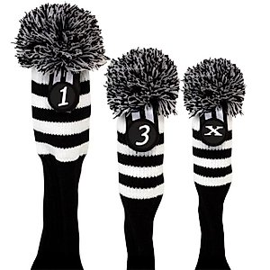 Pacific Golf Clubs Head Covers 1 3 X Black and White Knit Retro Old School Vintage Stripe Pom Pom Throwback Classic
