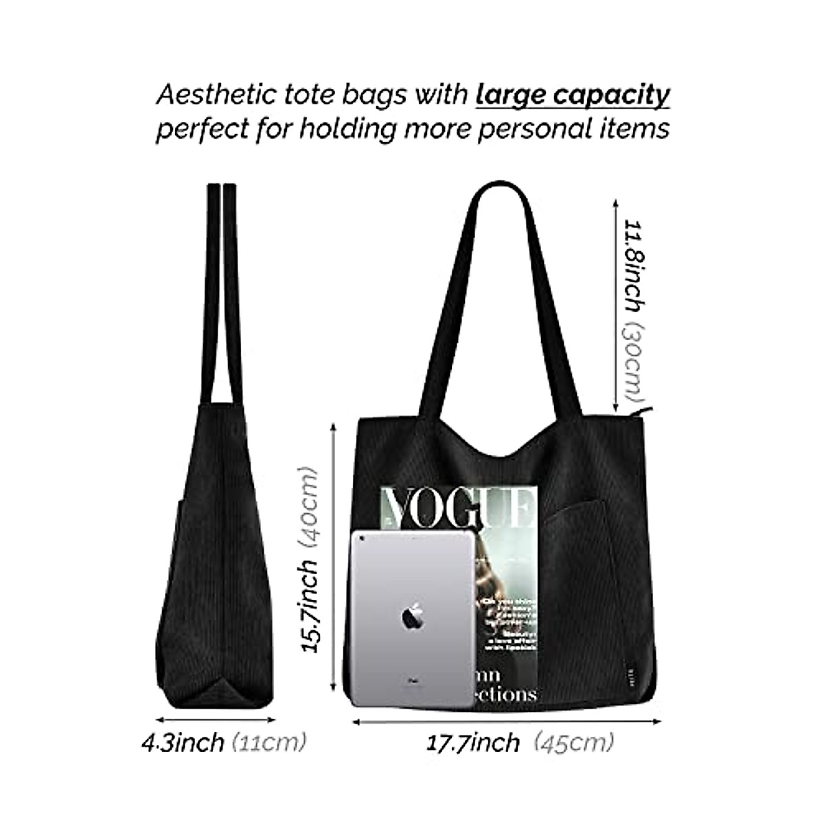 Prite Corduroy Tote Bag for Women Large Shoulder Bag with Zipper and Pockets for College School Work Travel Shopping (Black)