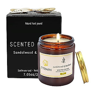 TTRWIN Sandalwood & Patchouli Scented Candle, 50H Long Burning, 200g Natural Soy Wax, Wood Fragrance Glass Jar Candle, Aromatherapy Gift for Mother's Day, Housewarming