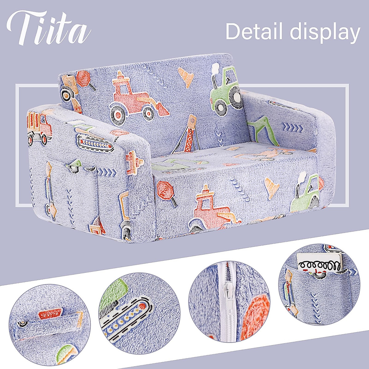 Tiita Kids Sofa Chair, 2 in 1 Toddler Fold Out Couch, Comfy Kids Sofa for Playroom-Extra Soft 2 Seats, Glow in The Dark Children Couch to Lounger for Girls Boys, Vehicles