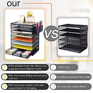 VEESUN Desk Organizer 8-Tier，Paper Organizer Letter Tray With Sliding Drawer And Pen Holder, Desk File Document Organizer Shelf And Sorter, Black For School Home Office