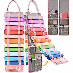 FINESUN Vinyl Roll Holder, Criсut Accessories, Vinyl Storage with Visible Pocket, Vinyl Holder with 24 Elastic Compartments, Vinyl Organizer for Cricut Tools, Gift Wrap Organizer, Pink& Grey (Pink)