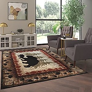 EMMA + OLIVER Ursa 6'x9' Rustic Cabin or Lodge Theme Rug with Bear and Cub Design with Trees in Background and Bear Track Patterned Edges