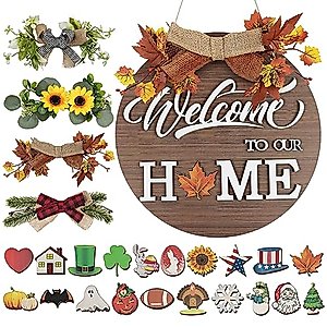 Interchangeable Welcome Sign for Front Door : Welcome Sign for Front Porch with 4 Seasonal Wreaths and 20 Interchangeable Holiday Icons, Rustic Welcome Home Sign for Front Door Decoration
