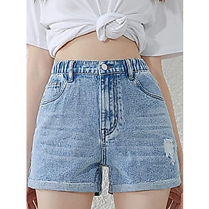 SweatyRocks Girl's Elastic Waist Ripped Jean Shorts Roll Up Hem Straight Leg Hot Pants Denim Shorts Light Wash 12-13Y