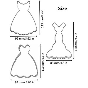 Large Size Dress Shaped Cookie Cutters Set of 3 pcs, Stainless Steel Fondant Cutters: Sleeveless Mermaid Dress 4.7 in 1 pc + Strapless Princess Dress 4.3 in 1 pc + Suspenders Wedding Dress 4.4 in 1 pc