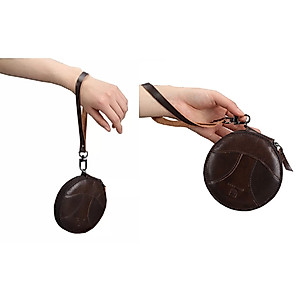 Genuine Leather Patchwork Retro Round Coin Purse Change Pouch Small Slim Clutch Wristlet RFID Blocking Wallet (Blue)