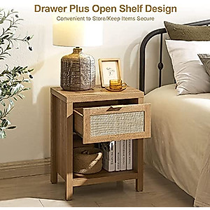 SICOTAS Rattan Nightstand - Farmhouse Night Stand with Drawer and Storage Shelf - Boho Accent Table Bedside Table End Table Side Table for Bedroom Wood