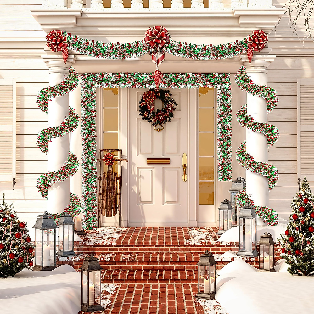 Sggvecsy 49.2Ft Christmas Green Red Silver Tinsel Garland Xmas Tree Decorations Christmas Metallic Twist Garland Ceiling Hanging Decorations for New Year Party Birthday Holiday Indoor Outdoor Supplies