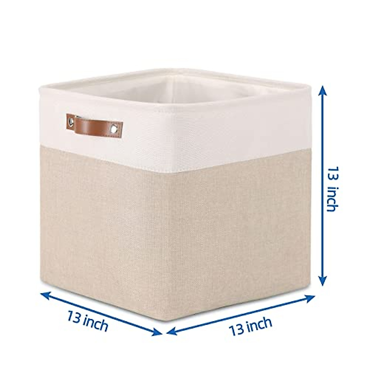 Temary Cube Storage Bins Storage Basket for Shelves Fabric Storage Cubes Closet Baskets for Cube Storage with Leather Handles, Cloth Bins for Home and Office (White & Khaki, 13x13x13 Inch)