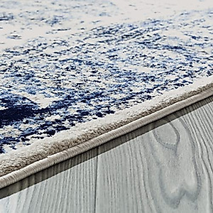 Persian-Rugs Distressed Ivory 5x7 Area Rug, Blue French Country Rug for Living Room and Kitchen