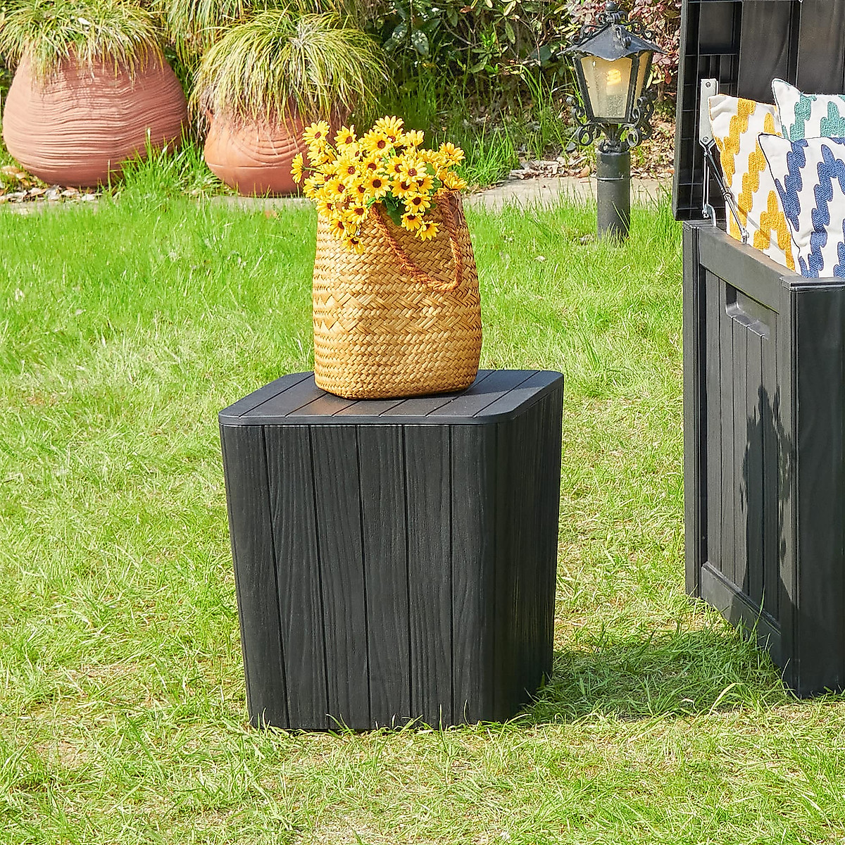 YITAHOME 11.5 Gallon Outdoor Side Table with Storage Small End Table for Coffee, Patio Decor,Cushions(Black)