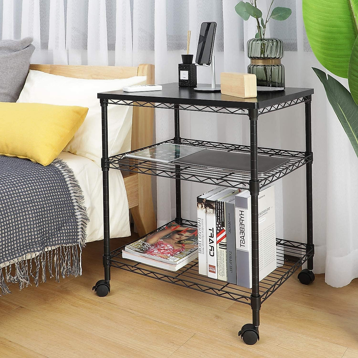 HUANUO Printer Stand, 3 Tier Printer Cart for Storage, Printer Table Holds up to 200lbs, Multifunctional Metal Utility Shelves, Workspace Desk Organizer, Rolling Cart for Home & Office Use, HNPS01