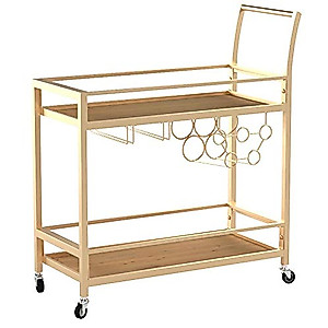 FirsTime & Co. Gold and Brown Francesca Bar Cart, 2 Tier Mobile Mini Bar, Kitchen Serving Cart and Coffee Station with Storage for Wine and Glasses, Metal and Wood, Modern