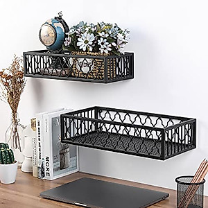 MyGift Black Metal Wall Hanging Plant Shelf with Moroccan Style Design, Decorative Window Box Plant Basket, Display Shelves, Set of 2