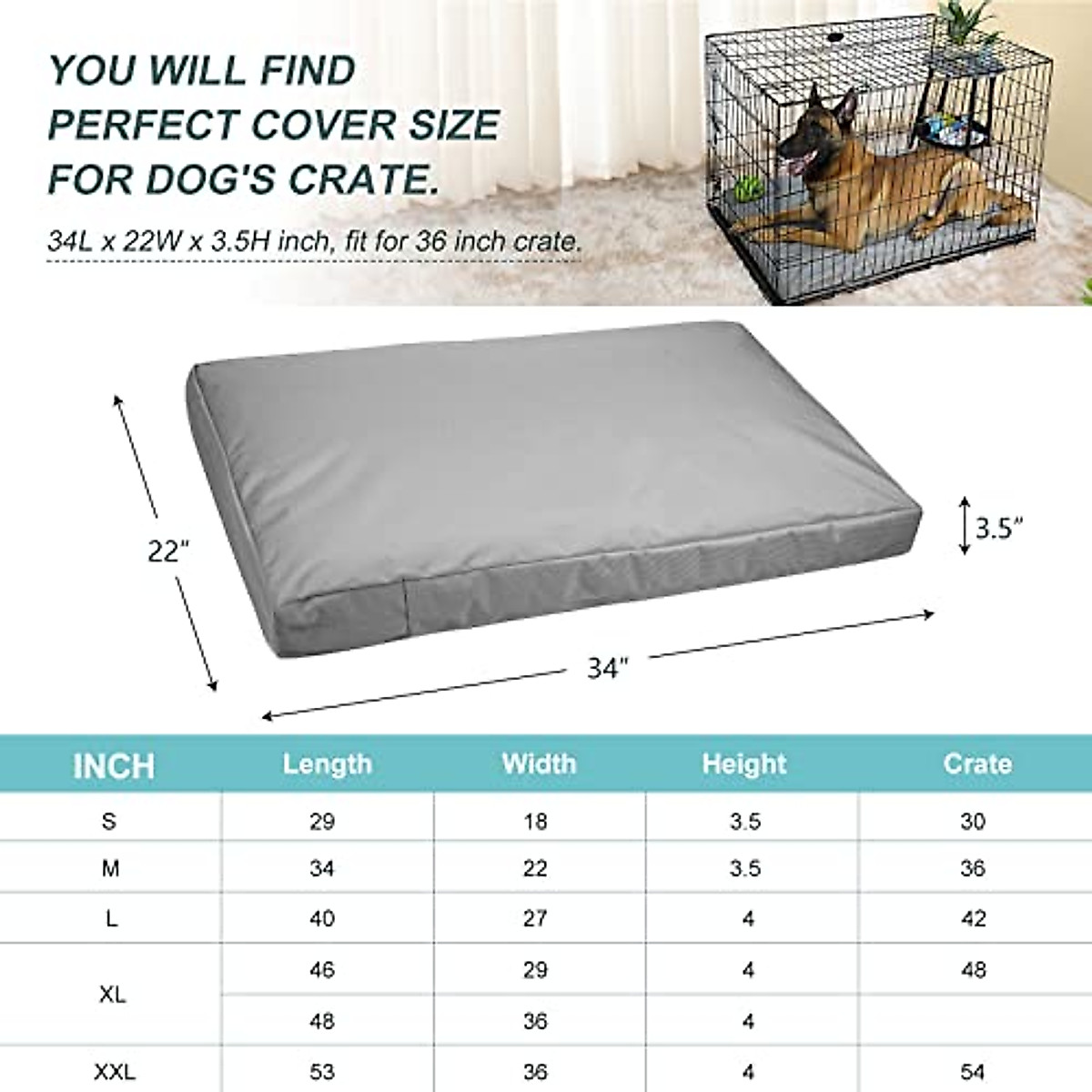 Waterproof Dog Bed Cover Canvas Washable Dog Crate Pad Replacement Cover, 34Lx22Wx3.5H inch, Gray