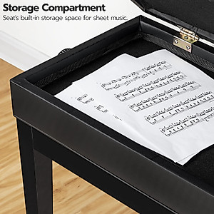 HOOBRO Adjustable Piano Bench with Padded Cushion and Storage Compartment for Music Sheet, Holds up to 300 lb, Music Bench, Piano Stool, Vanity Chair, 21.9 x 13.4 x 18.9 Inches, Black BB31QD01