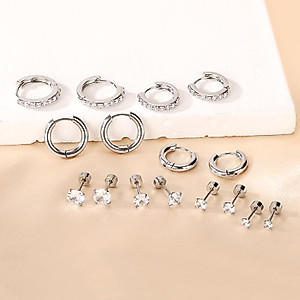 KANOUE 8 Pairs Cartilages Earrings Stud Set Stainless Steel Earrings for Women Flat Back Tiny Cubic Zirconia Stud Hypoallergenic