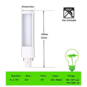 E-Simpo L135mm/5.3" 2-Pack 4W G23 PL-S 7W Plug in Recessed PL Bulb 2-Pin Horizontal Retrofit CFL PLS-7W Replacement 110V 220V 180° View Angle Ceiling Lamp (Daylight 6000-6500k)