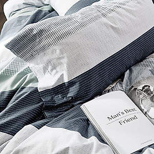 VClife Cotton Queen Duvet Cover White Grey Blue Stripe Bedding Sets Lightweight Modern Style Geometric Comforter Cover with Zipper Closure (1 Queen Size Duvet Cover and 2 Pillowcases) Breathable Soft