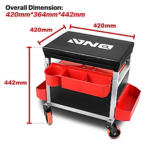 DNA Motoring TOOLS-00198 Adjustable Height Mechanics Roller Seat Creeper Stool With Padded Cushion, Tool Storage Drawer & Tray, 350 Lbs Max Weight Capacity
