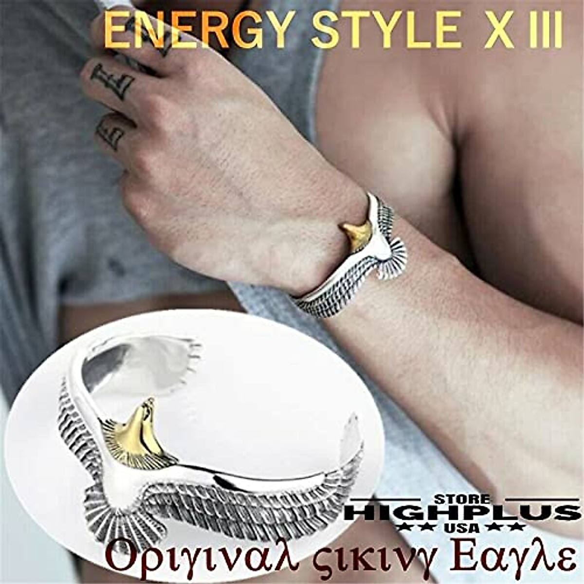 Energy Style ⅩⅢ Bracelet Eagle, 925 Sterling Silver Eagle Cuff Bracelet, Adjustable Open Ended Bangle, Vintage Rock Punk Bangle Cuff Wristband for Men Women (2Pcs)