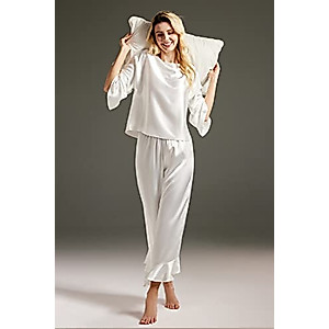 AW BRIDAL 3Pcs Sexy Womens Pajama Sets - Long Silk Pajamas Pj Pants With Flounce, Personalized Pajamas For Women, White, S| Clever Bridal Shower Gifts Bachelorette Gifts For Bride Pajamas