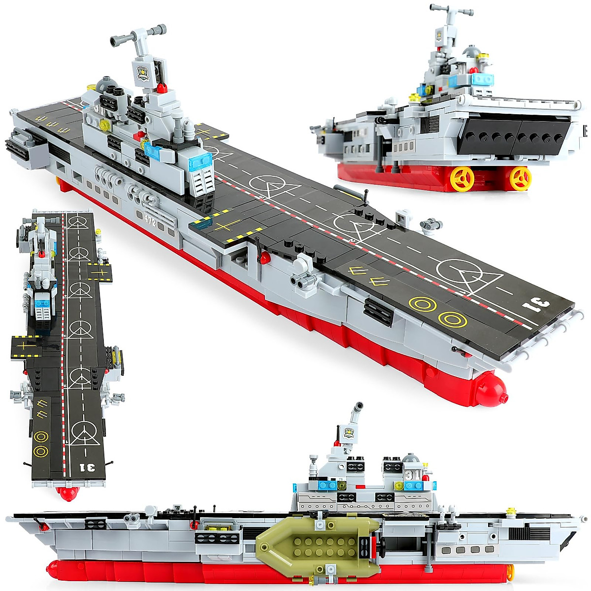 1161 Pieces Aircraft Carrier Building Blocks Set, 13 in 1 Military Battleship Model Building Toy Kit with Armored Tank, Fighter, Patrol Boat & Cannon Roleplay STEM Construction Toys Gift for Kids 6+
