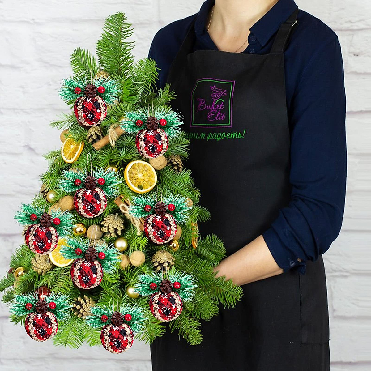 Shatterproof Christmas Ball Ornaments with Pinecones & Greenery 6pcs Buffalo Plaid Ball Ornaments Aousthop Black Red Burlap Foam Ball Hanging Decorations for Xmas Tree Ne Miniature (Red, One Size)