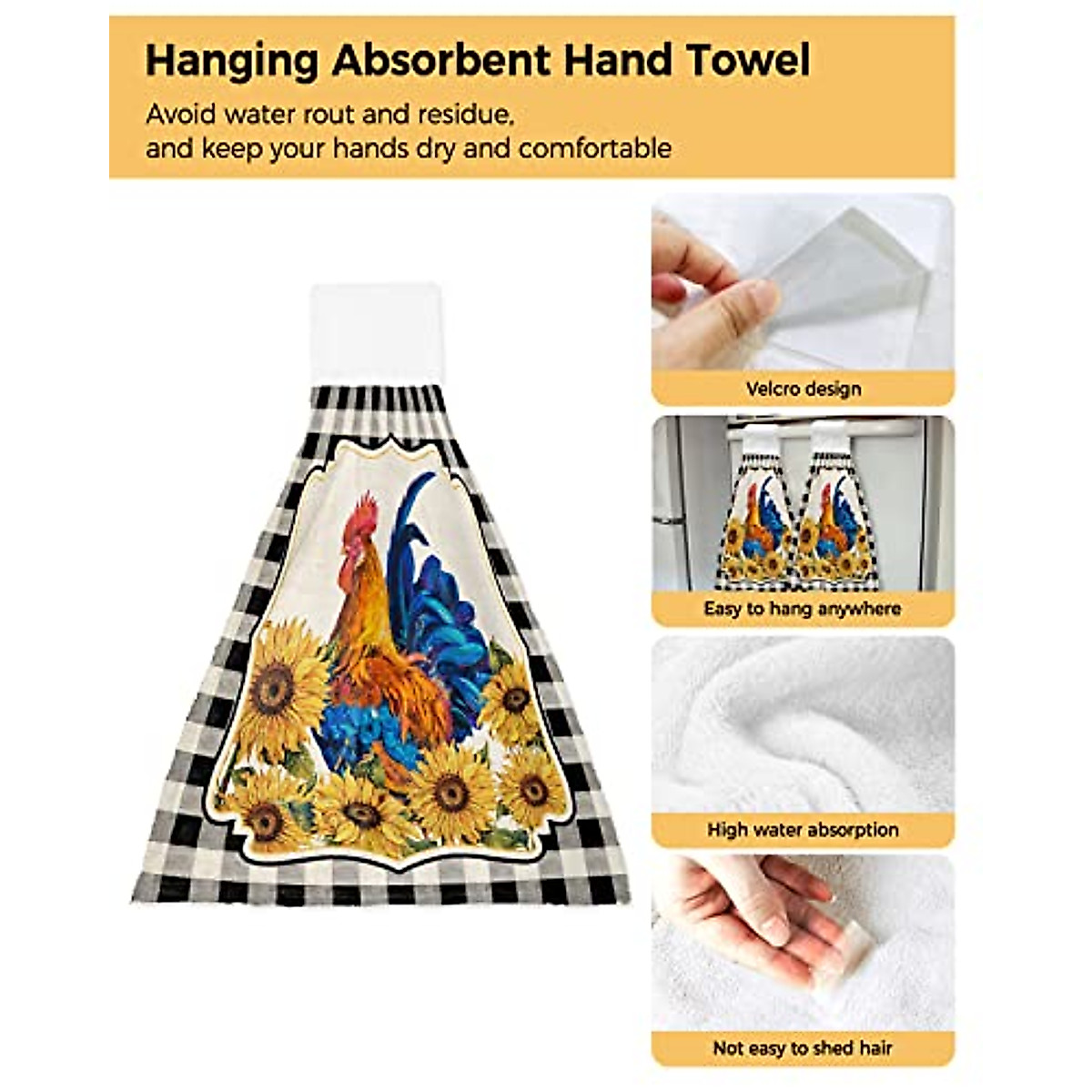 MUSEDAY Hand Towels for Bathroom Kitchen Farm Rooster with Sunflower Black Buffalo Plaid American Country Style Decorative Hanging Hand Towels Set Soft Tea Bar Tie Towel Washcloth