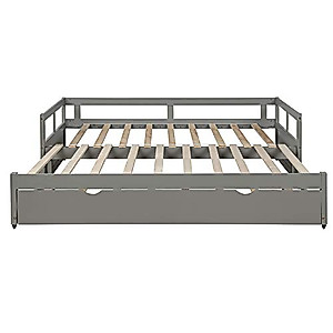 RUNWON Extendable Daybed with Trundle,Wooden Platform Sofa Bedframe Space Saving Twin to King Size Extend Bed Furniture for Bedroom Living Room