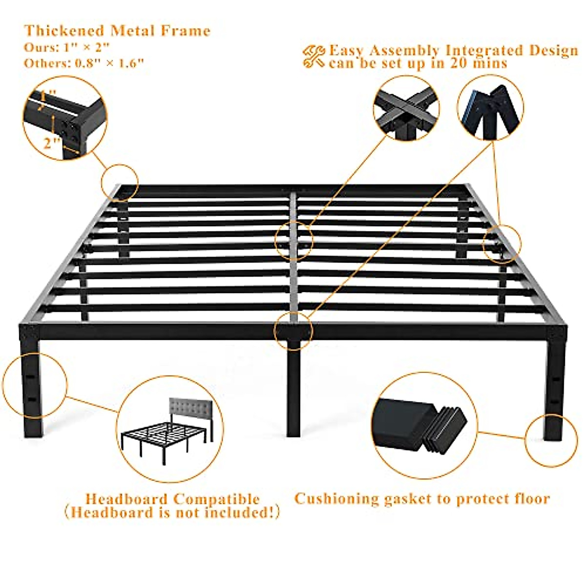 HISKIWUU Platform Bed Frame Queen Size Heavy Duty 3500lbs 14 Inches,Metal Bed Frame Queen Size Easy Assembly Anti-Slip Noise Free,Queen Size Bed Frame No Box Spring Needed,Under Bed Storage,Black