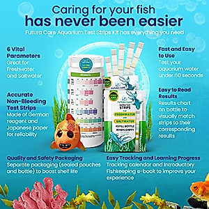 Futura Care Aquarium Test Strips - Our Accurate Aquarium Water Test Kit Monitor 6 Essential Parameters - Easy to Use Saltwater & Freshwater Test Kit with 150 Strips for 1.5 Years (6 in 1-150 Strips)