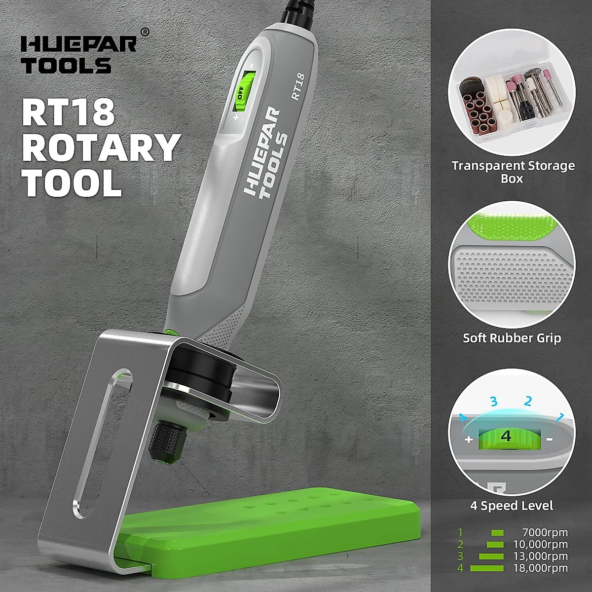 Huepar Tools Rotary Tool kit, Rotary Tool Set with Stand, 51 PCS Accessories(Keyless Chuck), 4 Variable Speed18,000RPM, Ideal for DIY, Woodwork & Hobby Craft, Dremel Compatible - RT18